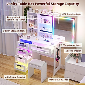 FOMNEY RGB LED Vanity Desk with Mirror and Lights, Makeup Vanity Desk with 3-in-1 Charging Station, Vanity Set with Stool＆Sliding Touch Mirror, Makeup Dressing Table with 5 Drawers (White)