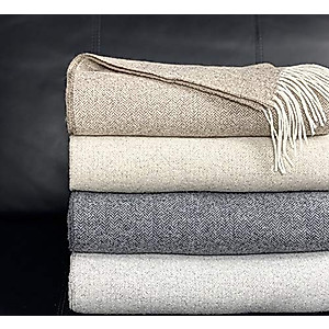 Eikei Wool Throw Blanket Geo Herringbone Pattern Oversized Couch Throw Blanket Fringe Trim Soft Merino Woolen Afghan Minimalist Style Lightweight Machine Washable (Light Beige, 55Wx78L)