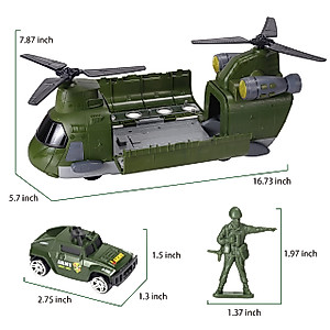 JOYIN Military Transport Cargo Airplane Car Toy Play Set Including Friction Powered Helicopter with Light, 6 Die-Cast Military Cars & 12 Army Men Figures for Over 3 Years Old Boys and Girls