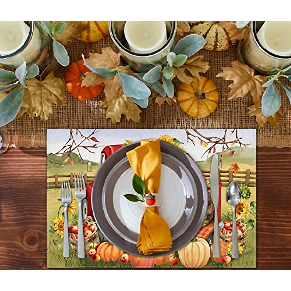 Fall Pumpkin Placemats for Dining Table, 12 x 18 Inch Farm Apples Sunflower Truck Autumn Thanksgiving Seasonal Holiday Decoration Rustic Washable Table Mats Set of 4
