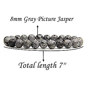 Natural Gray Picture Jasper Gemstone 8mm Ball Beads Stretch Bracelet 7" Unisex