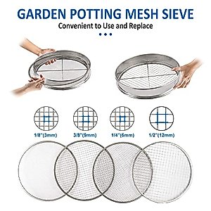 YaeCCC Garden Potting Mesh Sieve Sifting Pan - Stainless Steel Riddle - Mix Soil Filter - with 4 Interchangeable Mesh Sizes (Approx 1/8", 1/4", 3/8", and 1/2")