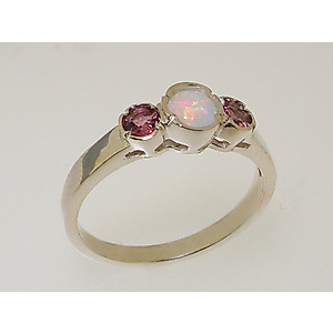 LetsBuyGold 925 Sterling Silver Natural Opal & Pink Tourmaline Womens Trilogy Ring - Size 9.5