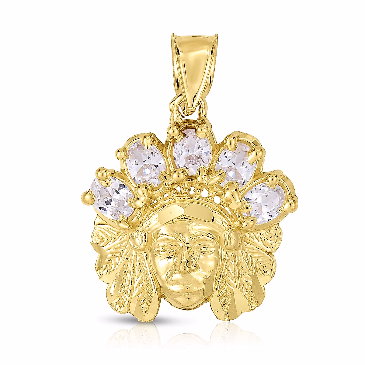 Floreo 10k Yellow Gold Variation of Color Stone Native American Indian Tribal Chief Head Pendant (0.75" x 0.65"), Clear Color Stone