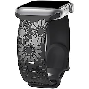 Sunflower Engraved Band Compatible with Apple Watch Bands 38mm 40mm 41mm 42mm 44mm 45mm 49mm Women, Designer Soft Glossy Floral Silicone Strap for iWatch Series Ultra 9 8 7 6 SE 5 4 3 2, Black-38