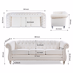Vaztrlus White Velvet Couches for Living Room 3-Seater Chesterfield Sofa Tufted Sofa Furniture Couch Nailhead Upholstered Couches Minimalis Light Luxury Easy to Assemble
