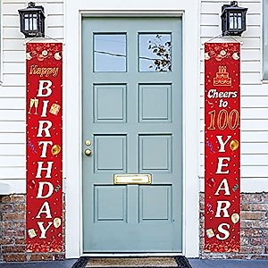 Happy 100th Birthday Porch Sign Door Banner Decor Red – Cheers to 100 Years Old Party Theme Decorations for Men Women Supplies