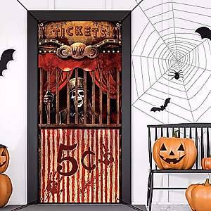 Preboun Halloween Evil Circus Door Cover, Halloween Door Decorations Bloody Creepy Carnival Banner Evil Circus Entrance Theme Door Cover Halloween Backdrop for Halloween Party Decorations, 71 x 35''