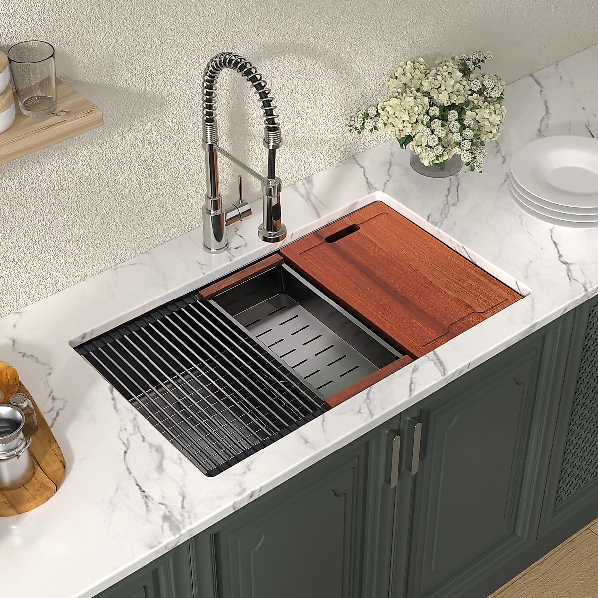 32 Undermount Black Kitchen Sink - Lordear 32x19 Inch Kitchen Sink Ledge Workstation Gunmetal Black 16 Gauge Stainless Steel Single Bowl Under Counter Kitchen Sink Basin with Accessories