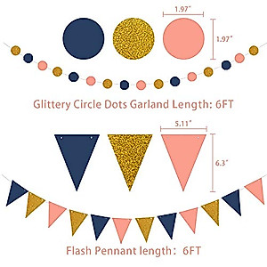 Navy Rose Gold Birthday Decorations - Paper Pom Poms Flower Happy Birthday Banner Circle Dots Garland Pennant Latex Balloons Birthday Decorations for Women Men Girls Navy Blue Rose Gold Party Supplies
