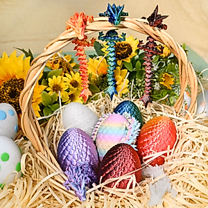 Impossmaker 6PCS 3D Printed Easter Dragon Eggs with 3D Printed Dragon Inside, Easter Basket Stuffers Mini Dragon Egg Set Articulated Crystal Dragon Fidget Toy for Adults Teens