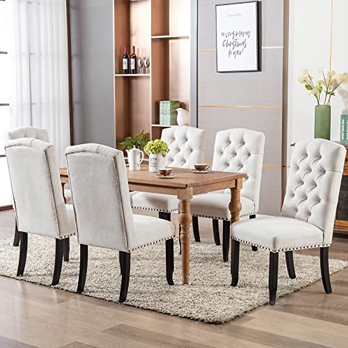 COLAMY Button Tufted Dining Chairs Set of 2, Upholstered Parsons Dining Room Chairs, Fabric Kitchen Side Chair with Nailhead Trim and Wood Legs,Beige