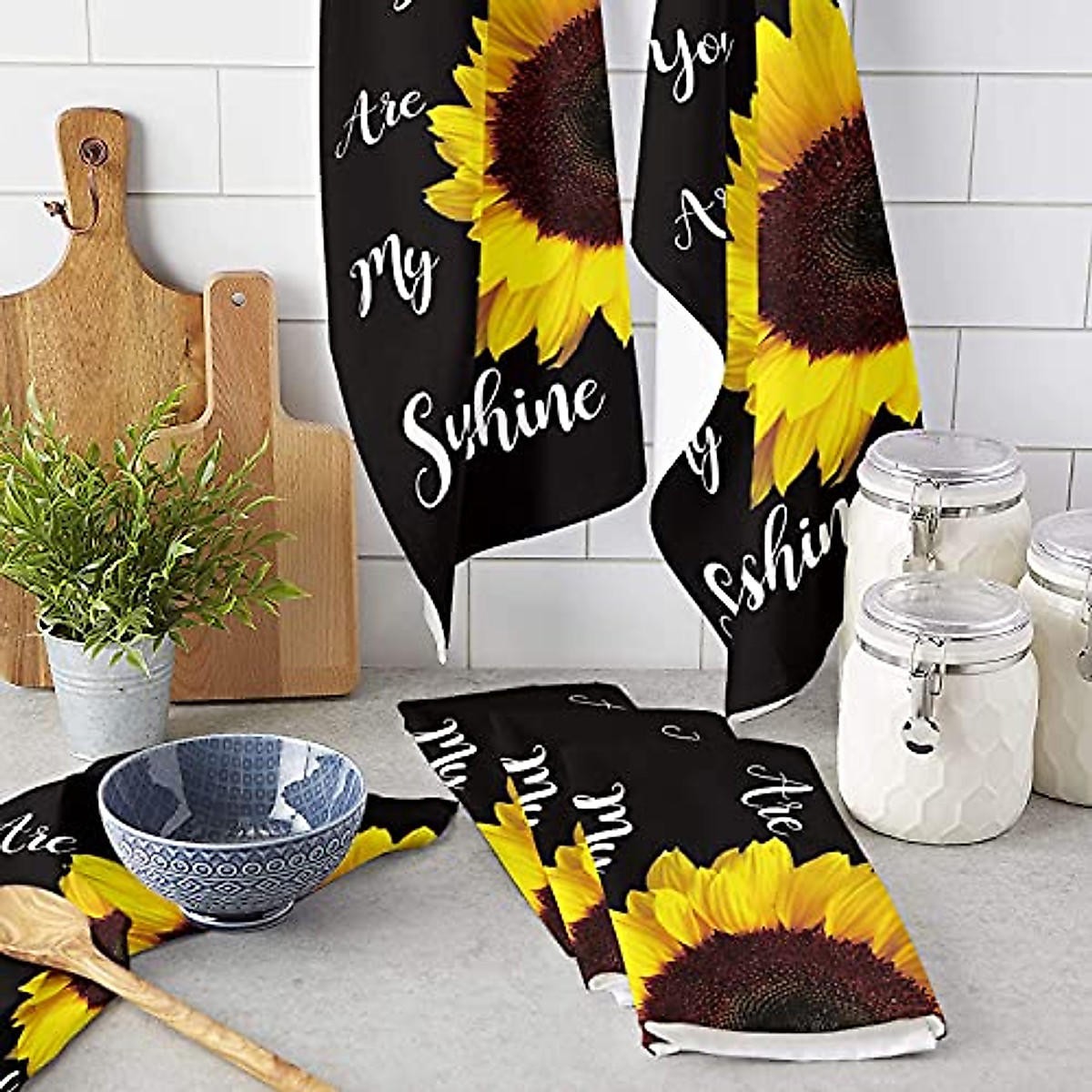 SIGOUYI Kitchen Towels Wash Cloths 4-Pack, Kitchen Decor Dish Towels, Super Soft Absorbent Hand Towels, Cleaning Rags for Tea Set Dish Set, You are My Sunshine Sunflowers on Black