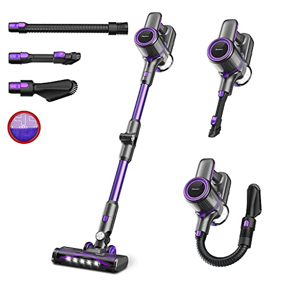 POWEART Cordless Vacuum Cleaner, 8-in-1 Cordless Stick Vacuum 30Kpa Powerful Suction, 8-Cell 2600mAh Battery 350W Rechargeable Vacuum Cleaner Cordless for Hard Floor Carpet Pet Hair - Violet