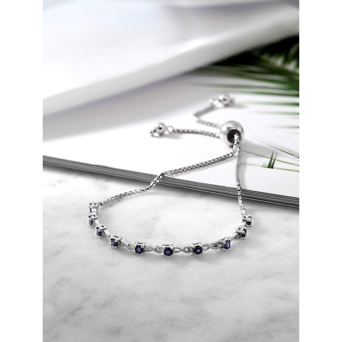 Gem Stone King 925 Sterling Silver Blue Created Sapphire Adjustable Bracelet For Women (0.50 Cttw, Round Cut 2.5MM, Gemstone Birthstone, Fits Up To 9 Inch Wrist)