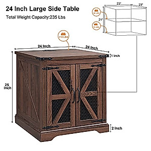 JXQTLINGMU Farmhouse End Table, 24" Large Sofa Side Table with Charging Station, Mesh Barn Door, and Adjustable Storage Shelf, Rustic Wood Square Nightstand for Living Room, Bedroom, Office, Brown