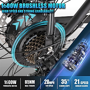QIKAITU Electric Bike for Adults 1600W 48V 20AH Removable Battery 28MPH 26" x 4" Fat Tire Snow Beach Mountain Ebike with 21-Speed Shifting Gear Hydraulic Disc Brake City Electric Bicycles(Black-Blue)