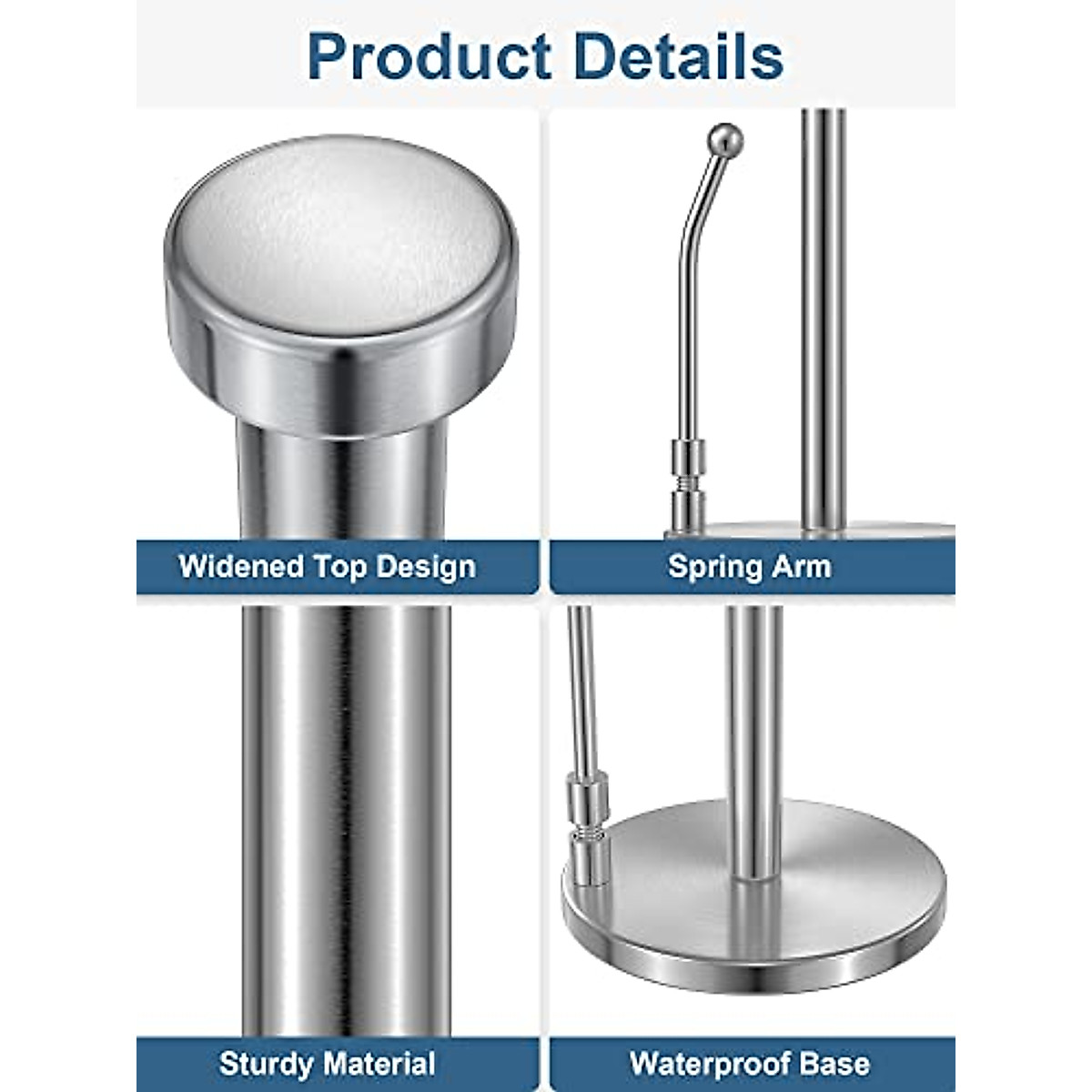 SMARTAKE Paper Towel Holder for One Hand Tear, Paper Towel Dispenser Standing Weighted Base Non Slip, Spring Arm Fit Most Size Paper Roll, Stainless Steel Paper Towel for Kitchen Countertop Silver