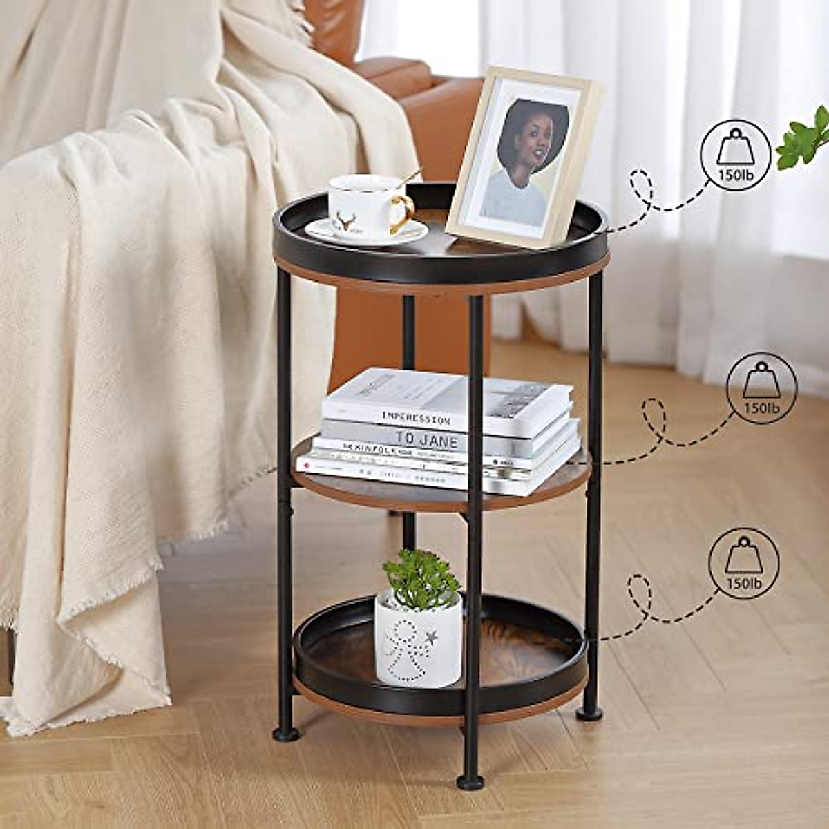 Dulcii Industrial Round End Table, 3 Tiers Round Side Table with Sturdy Metal Frame, Metal Round Sofa Table, Vintage Nightstand for Living Room Bedroom, Easy Assembly (Rustic Brown)