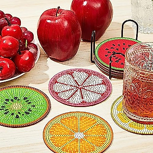 Ninonly Fruit Diamond Painting Coasters 8 Pcs with Holder DIY Diamond Art Coaster for Adults Kids Beginners Diamond Painting Kits Crafts Kit for Drinks