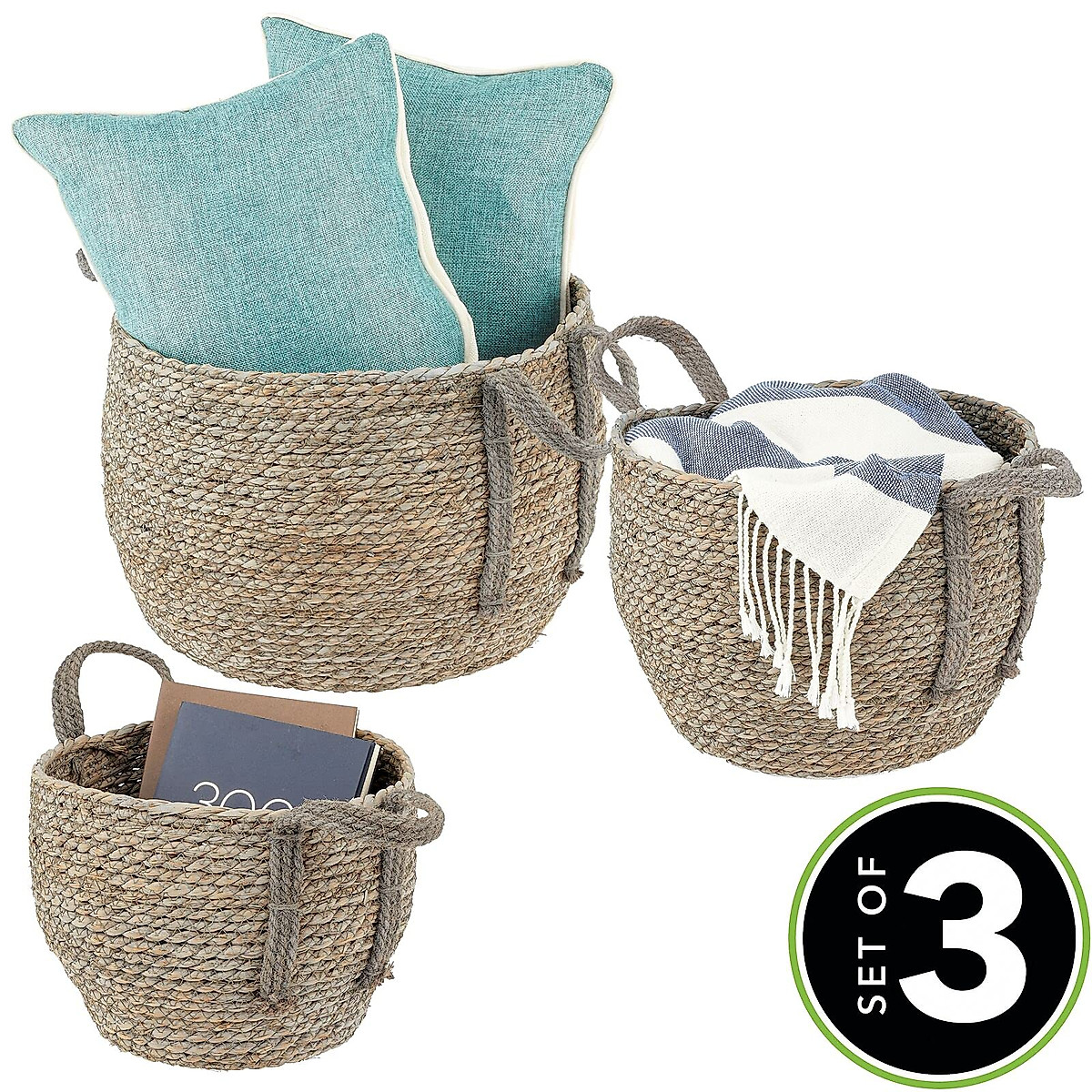 mDesign Round Braided Seagrass Woven Storage Basket with Jute Handles - Rope Weave Circle-Shaped Basket Bin for Shoe Storage in Entryway, Organizing Playroom Toys, and Laundry - Set of 3 - Gray Wash