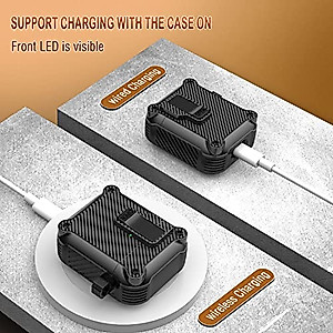 R-fun Airpods Case Cover with Automatic Secure Lock Clip, Protective Rugged Hard Shell for Apple Airpods 2nd & 1st Generation Charging Case with Carbon Fiber Keychain-Black