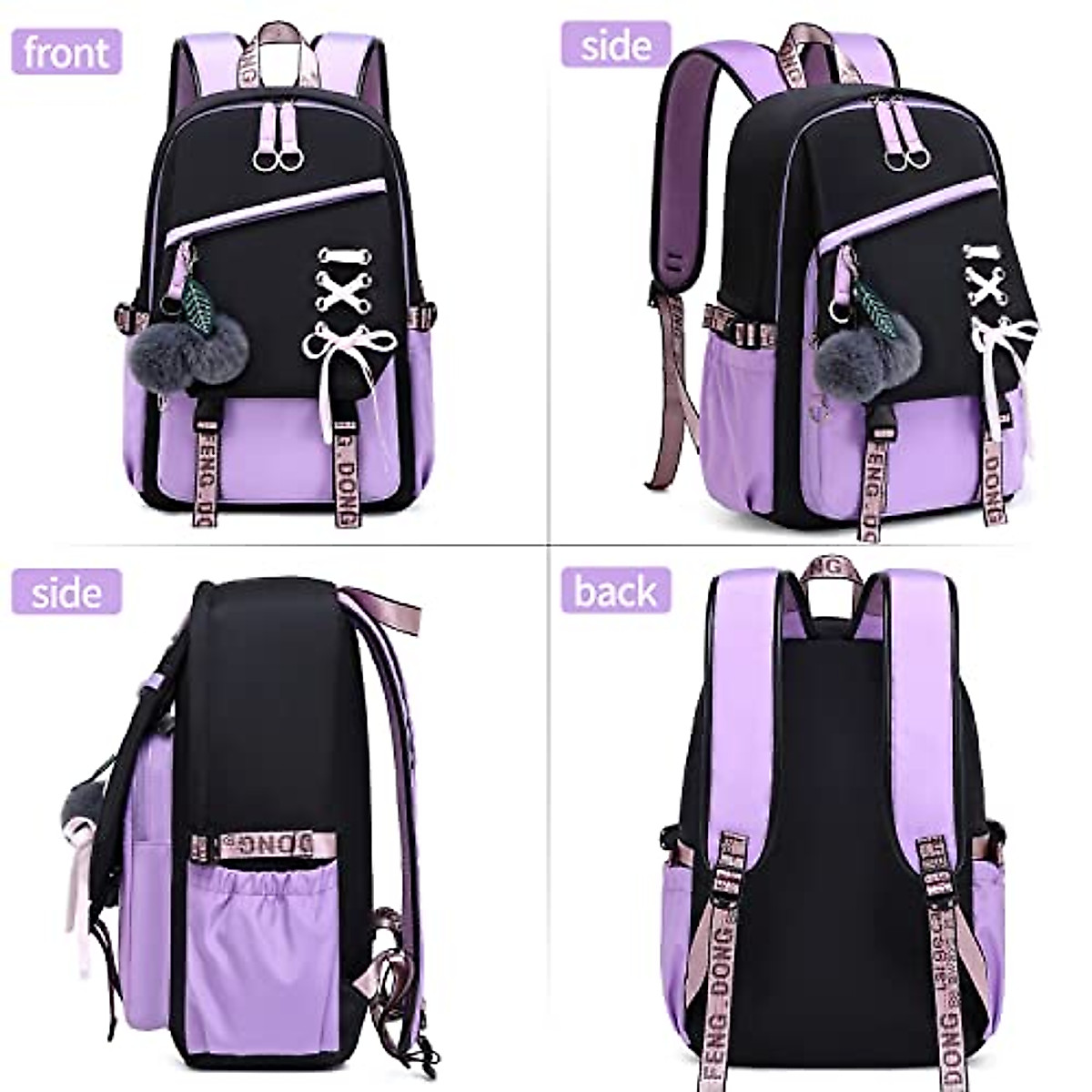 FENGDONG Teenage Girls Bookbag School Backpack Children Casual Daypack Schoolbag for Teens Black Purple