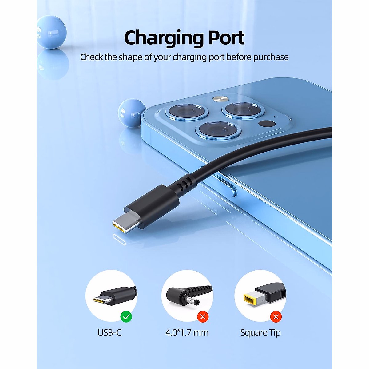 65W USB-C Fast Charger Fit for Lenovo ideapad Yoga 7i 9i Laptop, Extended Cable, (UL Safety Certified)
