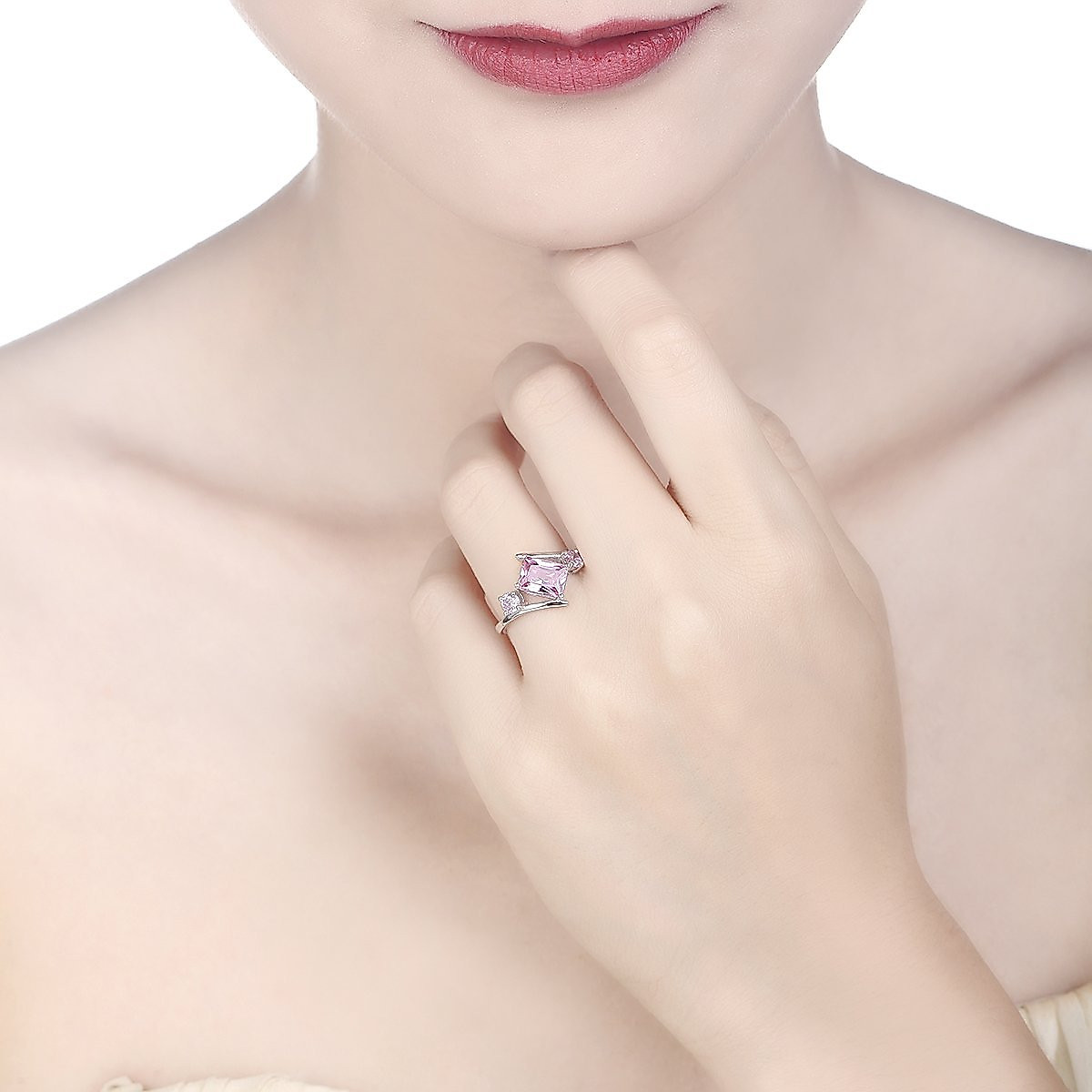 Merthus 5x7mm Radiant Cut Simulated Pink Topaz 925 Sterling Silver Bypass Geometric Ring for Women Size 9