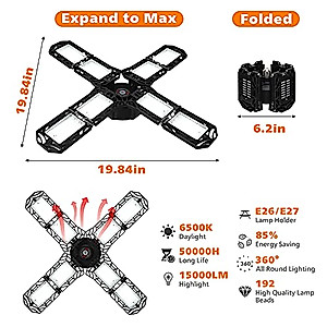 FANCIECC LED Garage Light, 150W 15000LM Garage Ceiling Lights,E26/E27 Base 6500K 8-Leaf Ultra Bright Deformable Panels Shop Lighting,for Workshop,Basement,Warehouse