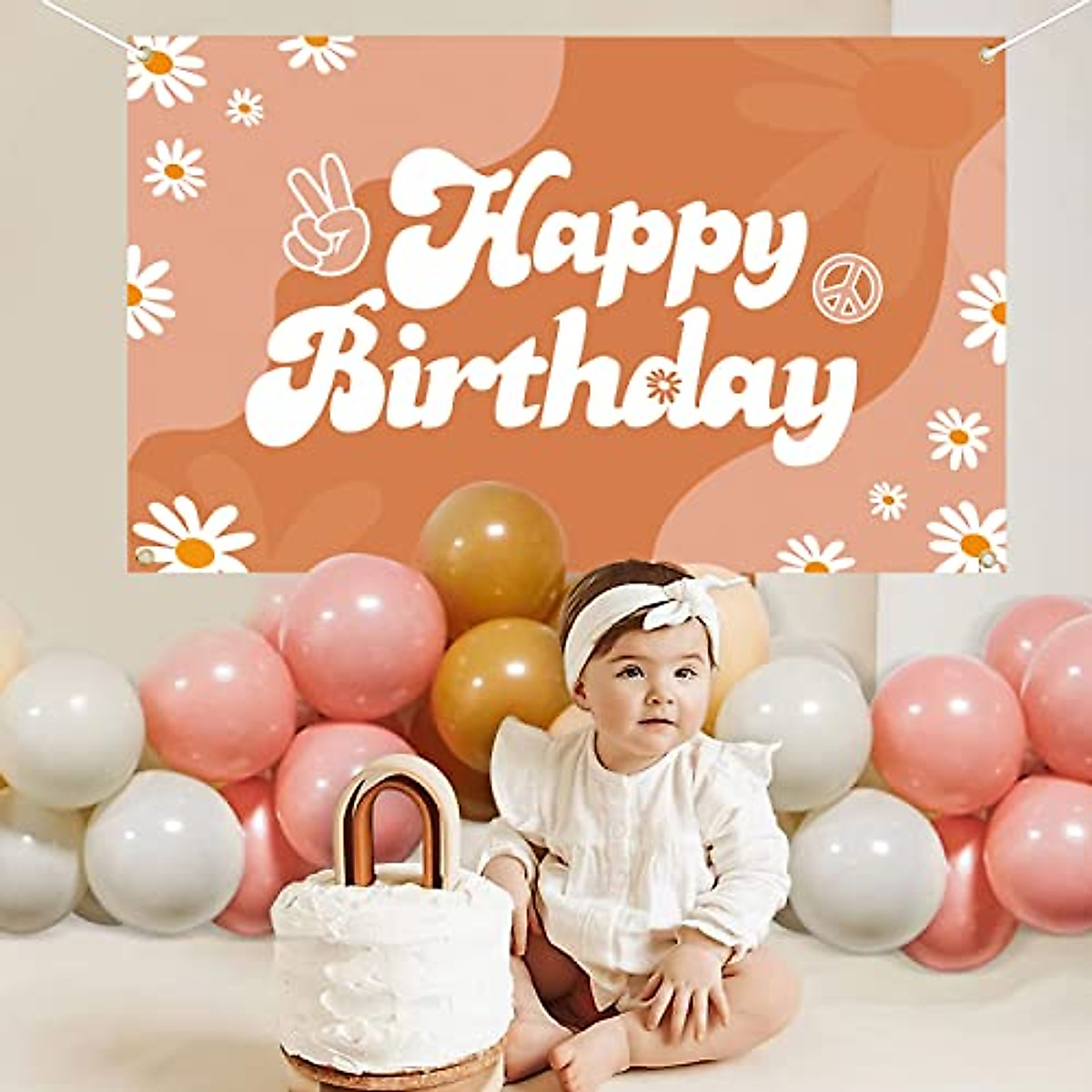 DARUNAXY Happy Birthday Banner for Women, Boho Hippie Theme Birthday Backdrop for Baby Shower, Happy Birthday Decorations for Girls, Boho Daisy Flower Groovy Birthday Party Supplies