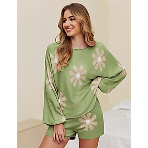 Ekouaer Knit Pajamas Set for Women Lounge Sets Long Sleeve Sweatsuit Matching 2 Piece Outfits Cute Sweater Sets Floral Green XXL