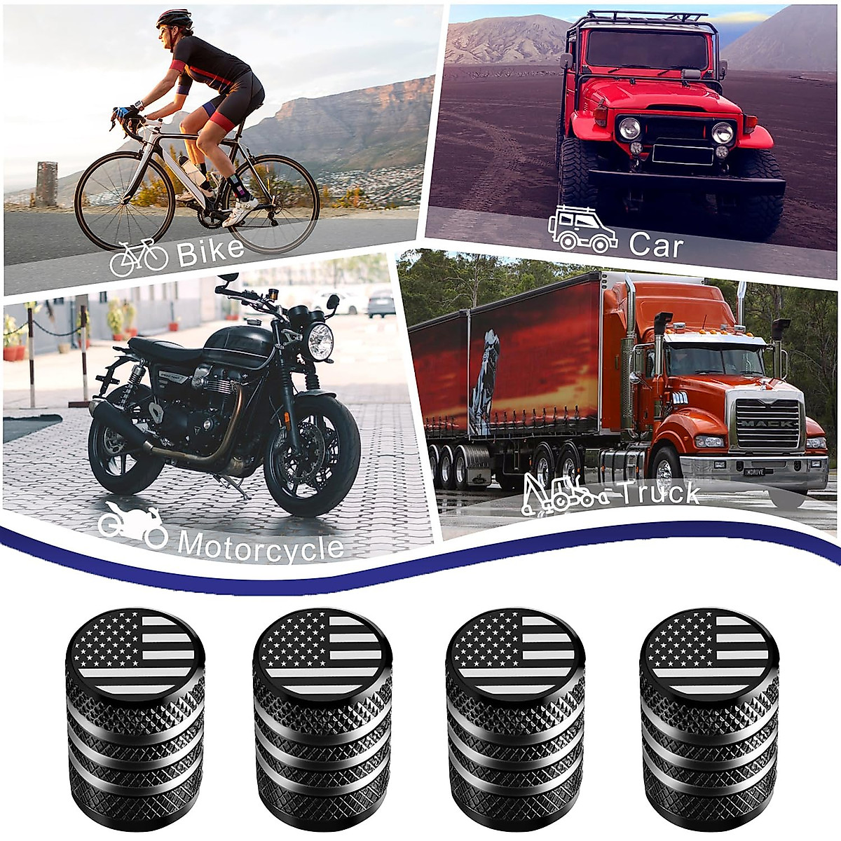 Black Tire Valve Stem Covers Metal Tire Air Caps with Plastic Liner American Flag Tire Stem Valve Caps, Corrosion Resistant, Universal for Car Truck Motorcycle Bike (4 Pack)