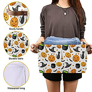 senya Halloween Basket, Large Foldable Storage Basket with Handles Halloween Pumpkin Black Cat Ghost Bat Pattern Fabric Collapsible Storage Bins Organizer Bag for Storage Toy Storage