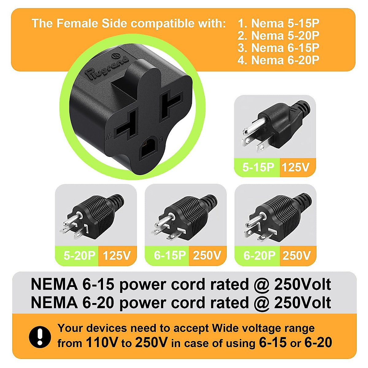 [4-in-1] 15 Amp Household AC Plug to 20 Amp T Blade Adapter,5-15P to 5-20R,5-15P to 6-15R,5-15P to 6-20R, 4 in 1 AC Power Adapter,15A 125V to 20A 250V 15A 125V to 20A 250V Adapter