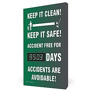 ComplianceSigns.com Keep It Clean! Keep It Safe! Accident Free Digital Safety Scoreboard, 28x20 inch Aluminum