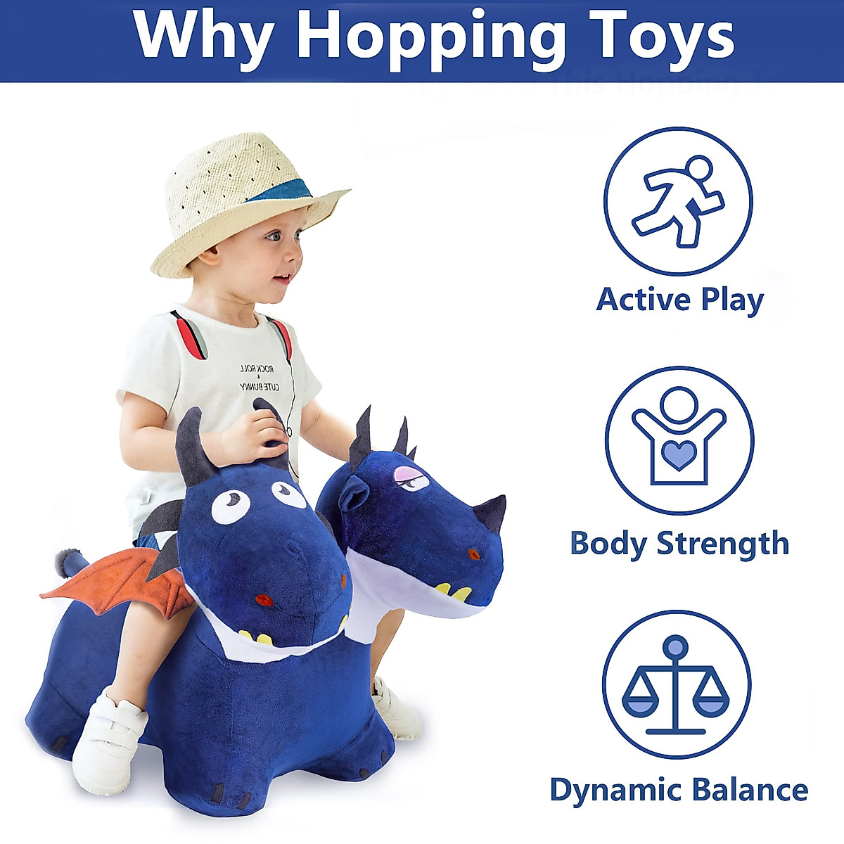 iPlay, iLearn Bouncy Pals Toddler Animal Hopper Toys, Kids Plush Blue Hopping Horse, Inflatable Ride on Dragon W/Pump, Indoor Outdoor Jumper, Birthday Stocking Gift 18 24 Month 2 3 4 Year Old Boy Girl