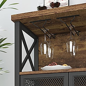 LVB Industrial Coffee Bar Cabinet, Farmhouse Wine Bar Cabinet for Liquor and Glasses, Metal Wood Sideboard Buffet Liquor Cabinet and Wine Rack with Storage for Home Dining Kitchen, Rustic Brown, 47 In