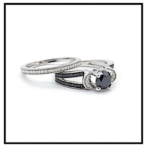 Dazzlingrock Collection 6mm Round Black Diamond & White Diamond Solitaire Style Collar Split Shank Wedding Ring Set for Her in 925 Sterling Silver Size 6.5