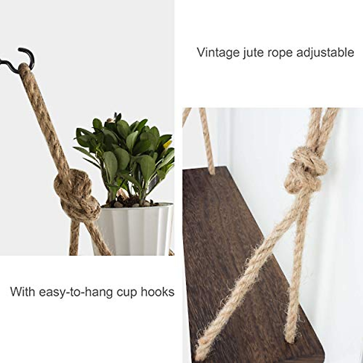 Yankario Rope Hanging Floating Shelves, Rustic Wood Wall Decor Swing Shelf with 4 Hooks, Pack of 2
