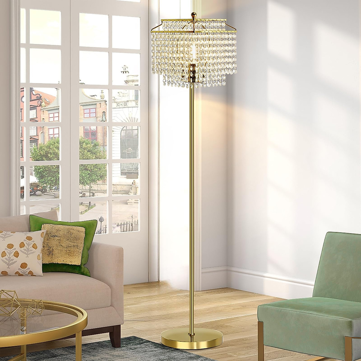 Luvkczc Crystal Floor Lamp Gold, Double-Layer Lampshade, Elegant Standing Lamp, Bedroom Standing Lights, Tall Standing Lamps for Living Room, Bedroom, Office, 8W LED Bulb Included