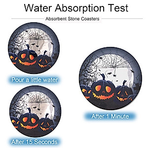 Halloween Pumkins Drink Coasters Set of 6 with Holder Absorbent Ceramic Coasters for Wooden Table, Cute Rustic Round Coasters Cork Base Party Halloween Decor House Warming New Home Gift