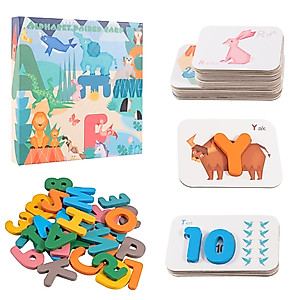 XJYQJD Number Alphabet Flash Cards for Toddlers 3-5 Years, Montessori Alphabet Learning Toys Puzzle ABC Flash Cards Sight Words Games Wooden Letters Matching Animal Flashcards for Toddlers 2-4 Years