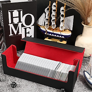 Weewooday MTG Desk Box 400 Card Desk Box Card Storage Box Magnetic Deck Box PU Leather Deck Box for Trading Card Games 12.2 x 4.4 x 3.74 Inches (Black and Red)