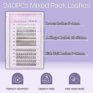 Ninetynine 240pcs Mixed Pack C Curl False Eyelash Extension Individual Lashes Lower Bottom Lash (5-6mm) Fairy Style A Shape (10-12mm) Fish Tail (9-11mm) Natural Clusters, 240 Count (Pack of 1)