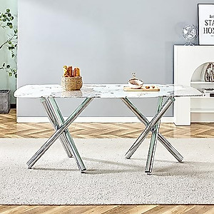 Modern Dining Table for 4 to 6 People with Imitation Marble White Desktop and Dual X-Shaped Silver Metal Legs, Modern Rectangular Kitchen Table for Kitchen Dining Room, 71" W x 39" D x 30" H