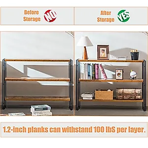 BCLOUDNEST Bookshelf, 3 Tier Long Bookcase, Industrial Book Shelf for Living Room, Home Office, Kitchen, Rustic Brown