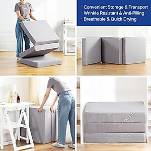 Olee Sleep Tri-Folding Antibacterial Memory Foam Mattress Topper, 4 Inch Copper Bamboo Gel Folding Mattress, Washable Cover, CertiPUR-US Certified, Soft, Grey, Single Size