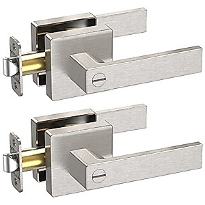 TICONN 2Pk Door Handle Heavy Duty, Reversible Square Door Lever for Bedroom, Bathroom and Rooms (Satin Nickel, Privacy, 2 Pack)