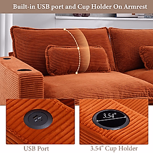 KIVENJAJA Corduroy Cloud Sectional Couch, Modern Comfy Modular L-Shaped Sectional Sofa with Ottoman, Cup Holders & USB Port for Living Room Apartment, 117.7”W, Orange